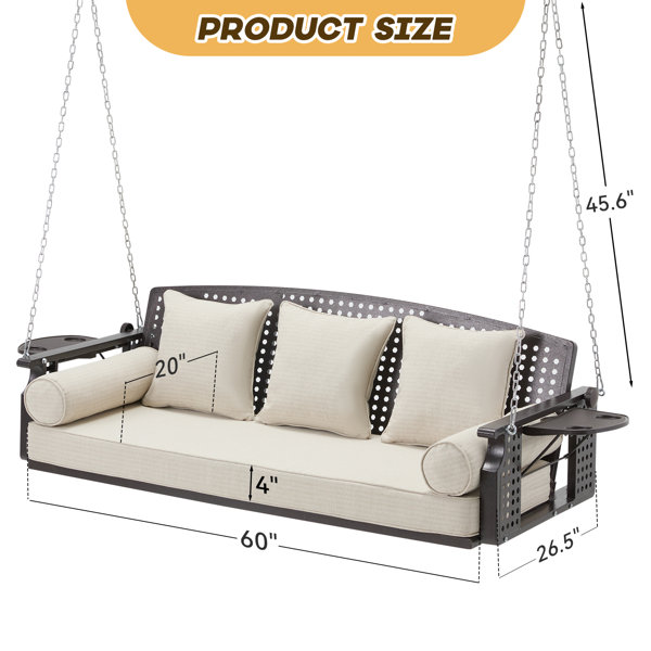 Arlmont & Co. 3-Seat Hanging Porch Swing - Outdoor Patio Bench With Integrated Tea Trays ...